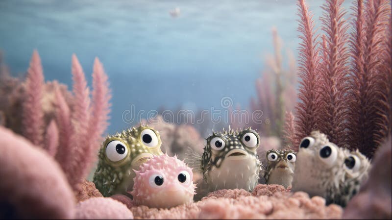 Playful Pufferfish Group Underwater Stock Illustration - Illustration ...