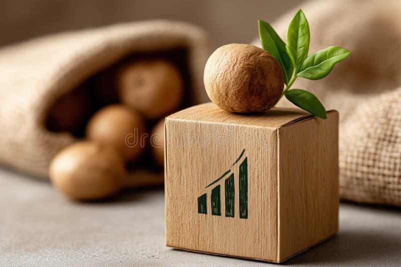 Image Showcases Wooden Box with Growth Chart Symbol, Round Object Top ...