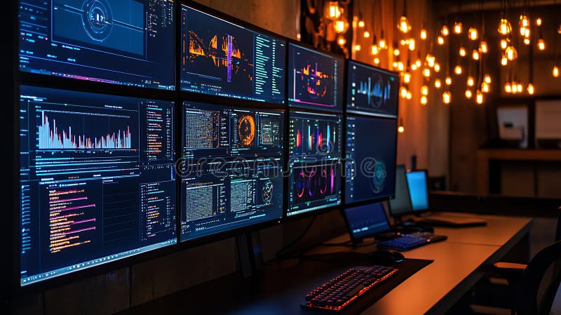 A Workstation Displaying Multiple Screens of Complex Data Visualizations, Code, and System ...