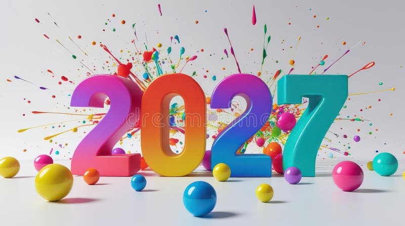 Colorful 2027 Text with Paint Splatters and Spheres on White Stock ...