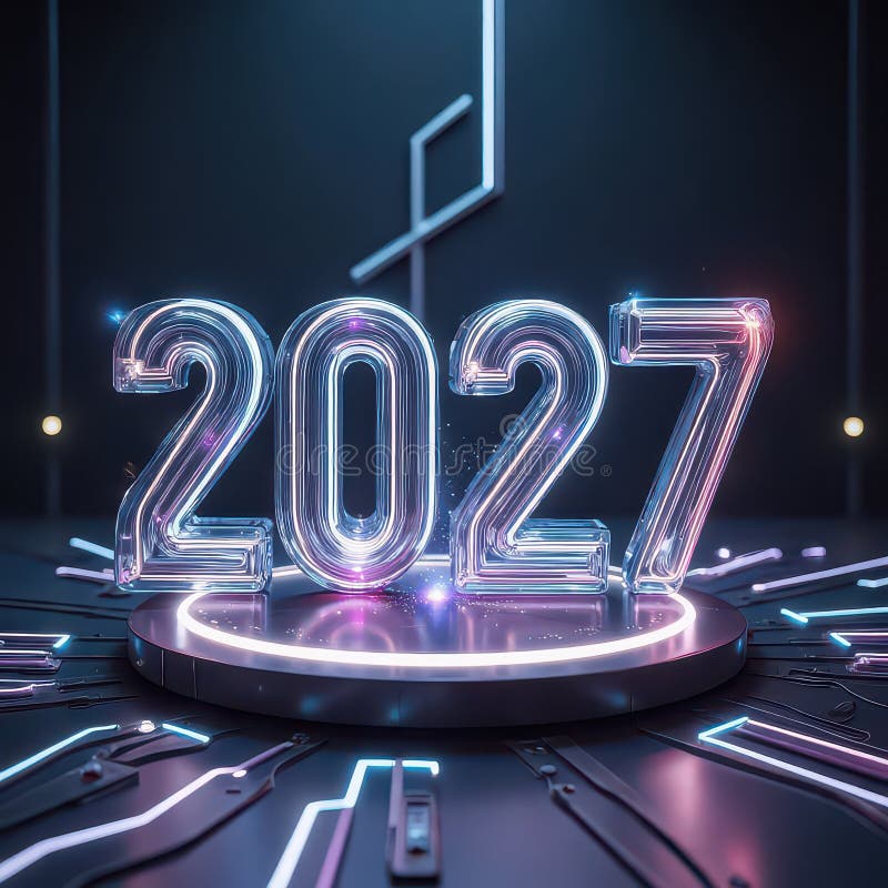 Futuristic 2027 Neon Number Display on a Circular Platform with Glowing ...