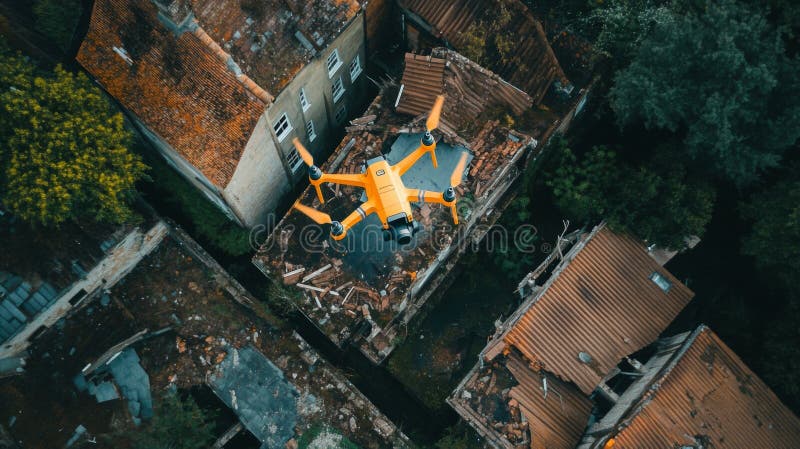 Aerial View of a Yellow Drone Flying Over a Rundown Building. Explore ...