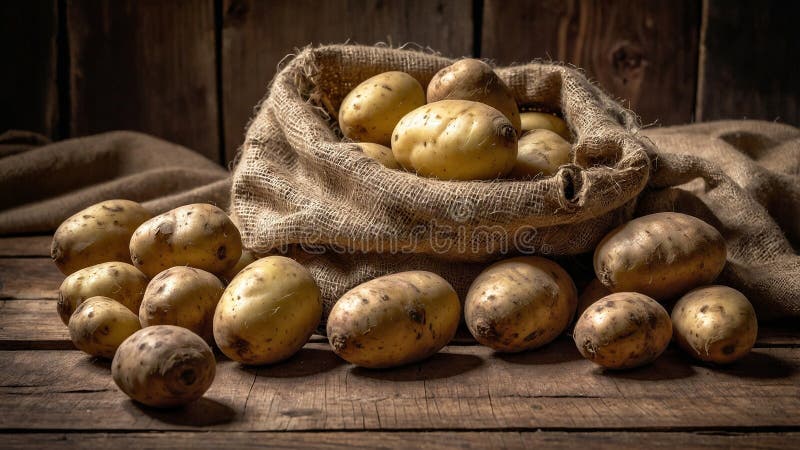 A Burlap Sack Spilling Over with Fresh Potatoes Onto a Rustic Wooden ...