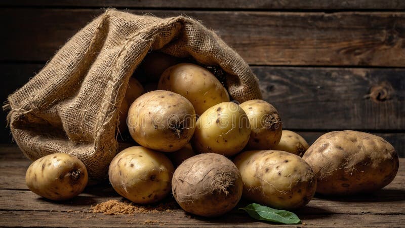 A Burlap Sack Spilling Over with Fresh Potatoes Onto a Rustic Wooden ...