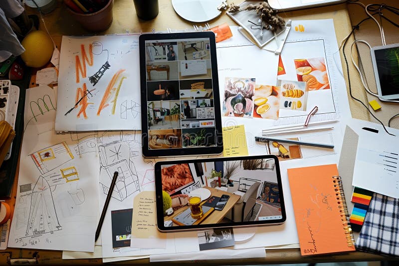 Creative Designer S Workspace with Sketches Stock Image - Image of ...