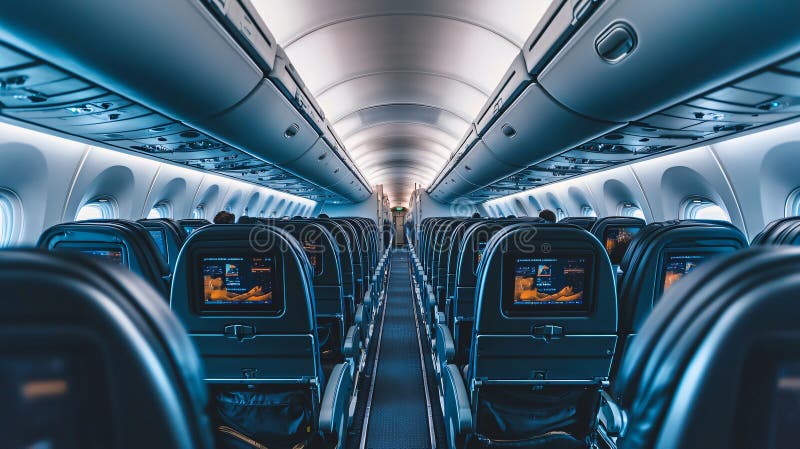 Empty Airplane Cabin Interior Rows of Seats Overhead Compartments ...