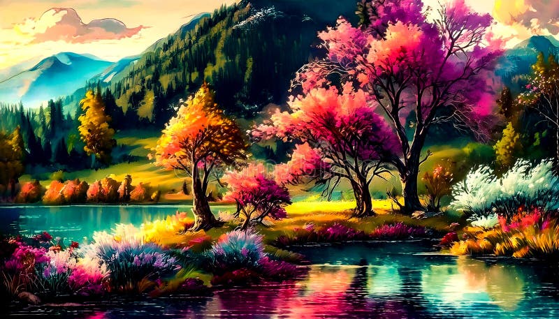 An Image Showing an Colourful Landscape with Water and the Sunset in ...