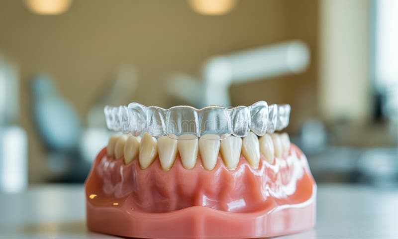 Transparent Aligner on Teeth Model in Dental Clinic with Light ...