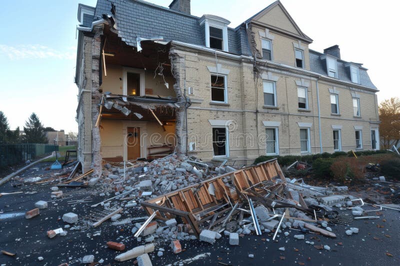 Partial Building Collapse with Debris and Structural Damage Stock Image ...