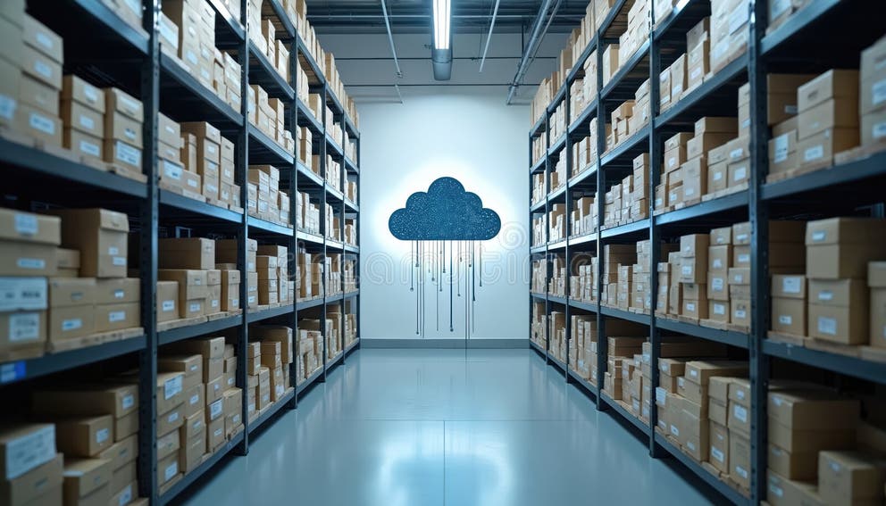 Image Showing Storage Transformation from Physical Archives Cloud-based Solutions. Rows of ...