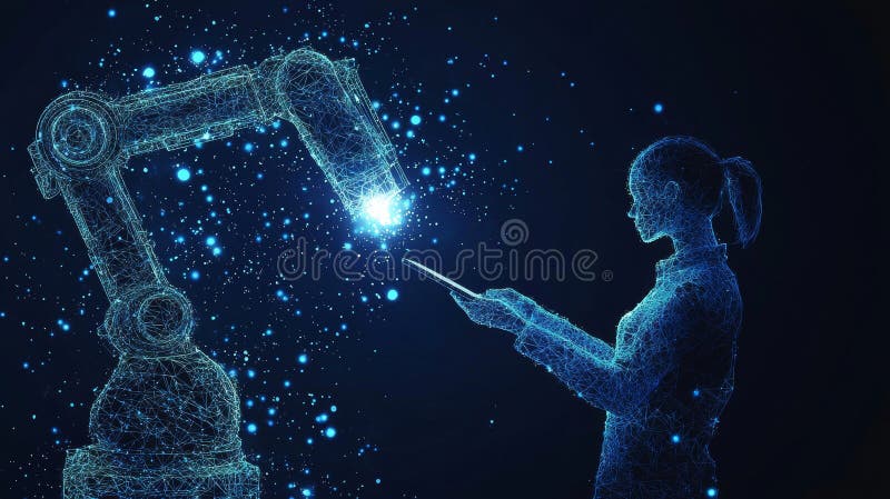 The Image Shows an Abstract Polygonal Engineer Managing a Tablet and ...
