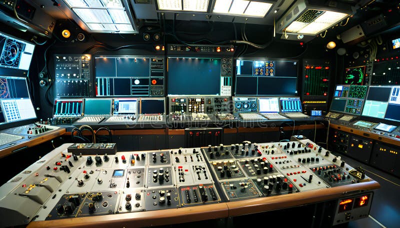High-Tech Control Room with Monitors, Dials, and Switches Stock Image ...