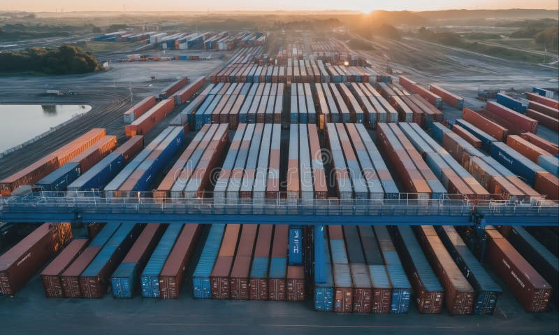 A Large Cargo Yard at Sunrise, Full of Stacked Shipping Containers ...