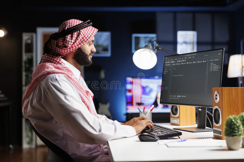 Muslim Coder Using a Desktop Computer Stock Image - Image of essence ...
