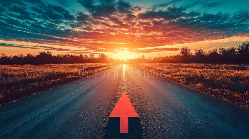 The Image Shows an Asphalt Road with a Direction Arrow, Symbolizing the ...