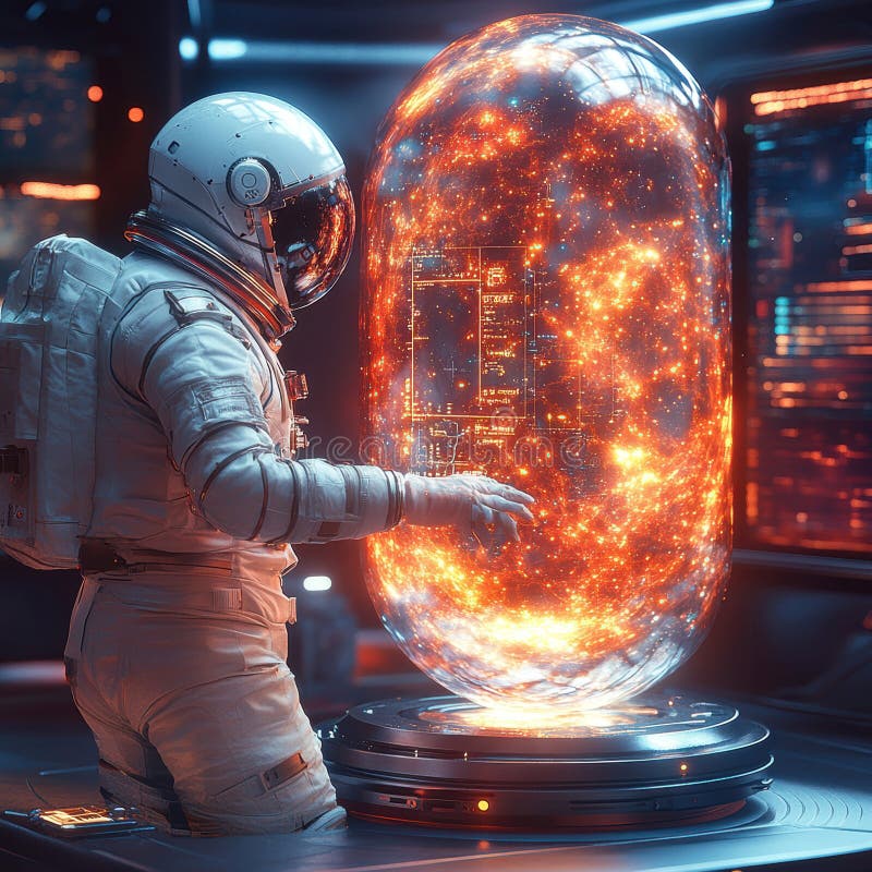Image Shows an Astronaut with a Glowing Device in Futuristic Setting ...