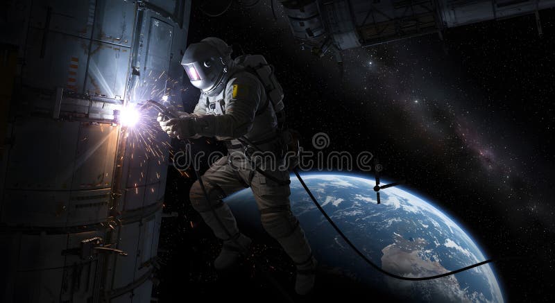 Astronaut Welding in Space Near Earth View Stock Illustration ...