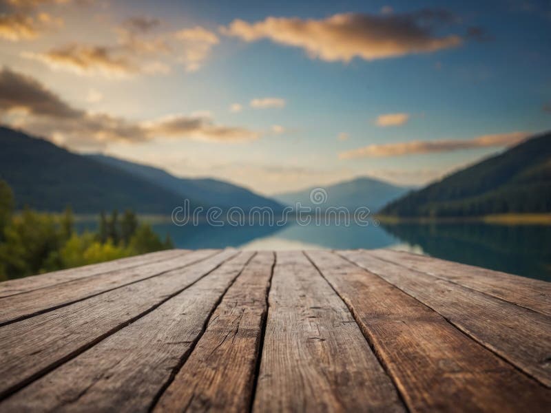 The Image Shows a Beautiful Landscape with a Wooden Table in the ...