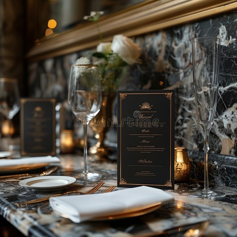 Elegant Dinner Table Setting with Black and Gold Menu in a Luxurious ...