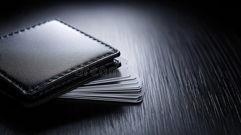 A Black Leather Wallet with a Zipper Closure and a Stack of Cards on ...