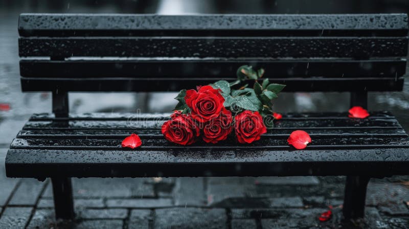 A Black Bench with a Bouquet of Red Roses and Rose Petals on it. Stock ...