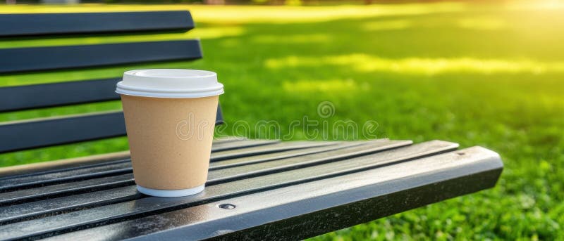 A Cup of Coffee on a Park Bench. Stock Image - Image of lush, bench ...