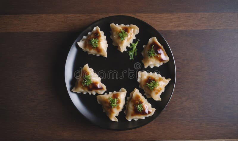 A Plate of Eight Dumplings, Arranged in a Circle, Sits on a Wooden ...