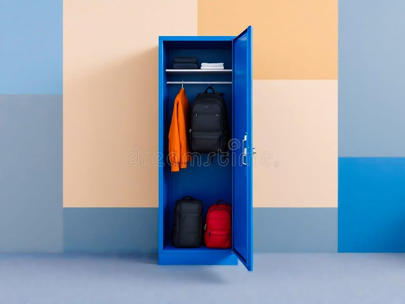 A Blue Locker with Backpacks and a Coat from it. AI Generated Stock ...