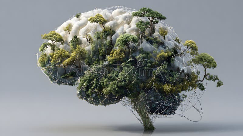 Brain-shaped Structure with Trees and Geometric Mesh, Ai Generated ...
