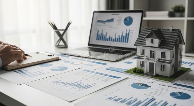 Real Estate Analysis with Charts and House Model Stock Illustration ...