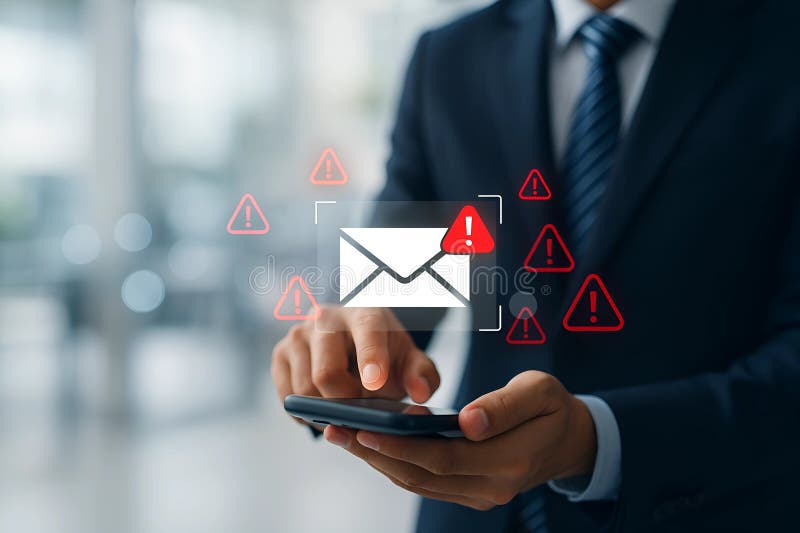 Email Security Alert: Businessman Receiving Critical Email Warnings on ...