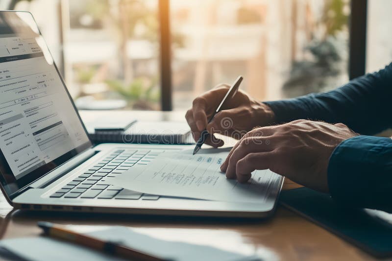 Businessman Analyzing Documents with Laptop in Contemporary Workspace ...