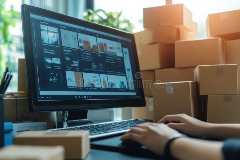 A Modern Workspace with a Computer and Many Packages. this Image ...