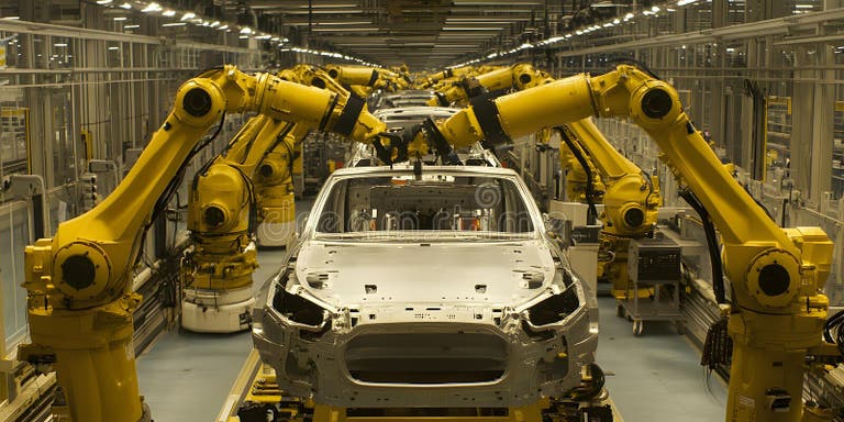Car Assembly Line with Robotic Arms Stock Illustration - Illustration of mechanical, facility ...