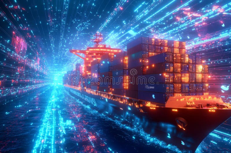 A Futuristic Cargo Ship Navigating through a Vibrant Digital Ocean. the ...