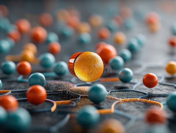 Image Shows a Central Large Orange Sphere Surrounded by Smaller Blue ...