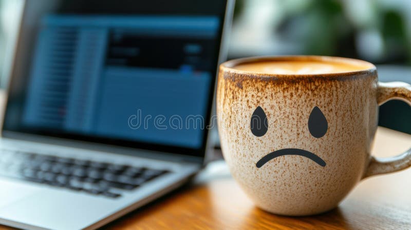 A Coffee Mug with a Sad Face Sits beside a Laptop, Hinting at a Tough ...