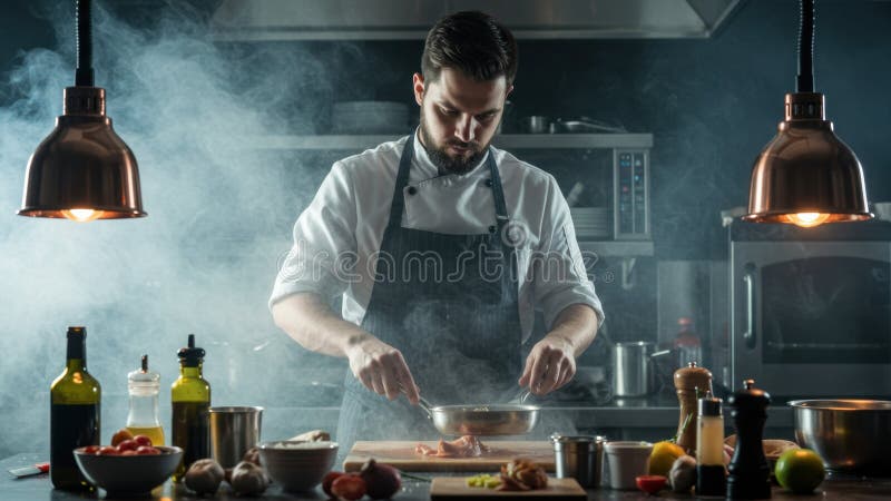 Chef Cooking in Smoky Kitchen Stock Illustration - Illustration of arts ...