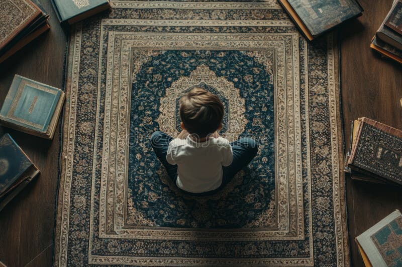 A Young Child Sits Quietly on a Beautiful Rug Surrounded by Old Books ...