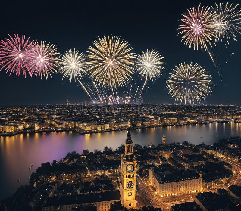 A City Skyline with Fireworks Exploding in the Sky. Stock Photo - Image ...