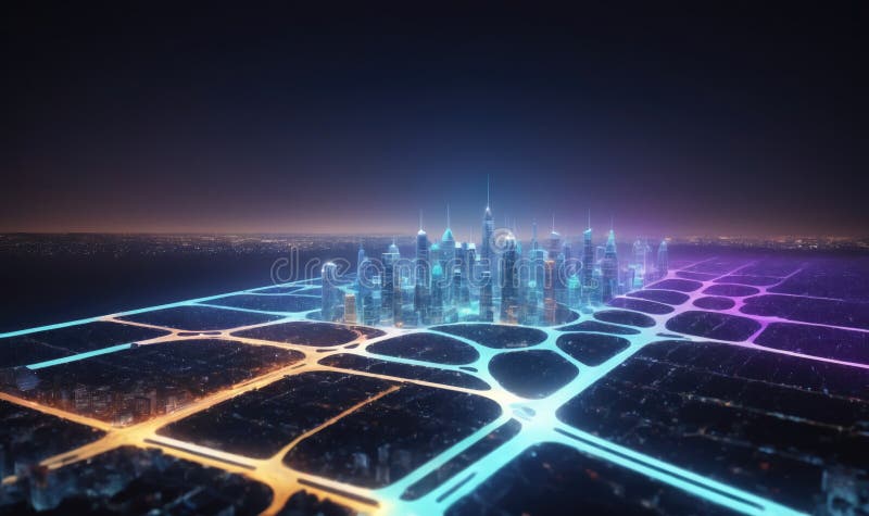 A City Skyline is Illuminated by Glowing Lines, Creating a Grid Pattern ...