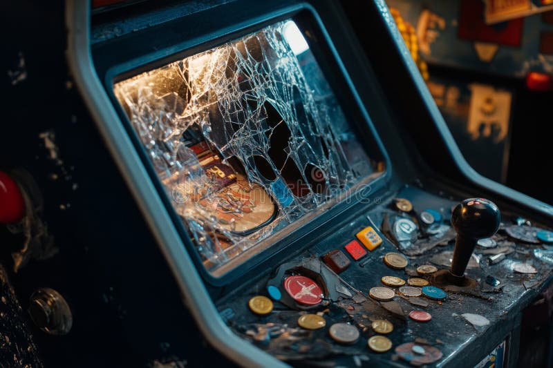 A Vintage Arcade Machine with a Cracked Screen. Bright Colors and Worn ...