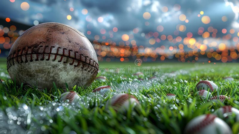 A Close-up of a Baseball Lying on a Green Field. the Background is ...