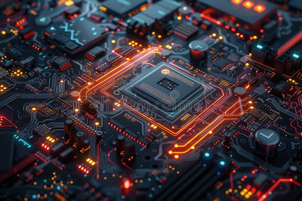 The Image Shows a Close-up of a Computer Circuit Board with a Glowing ...