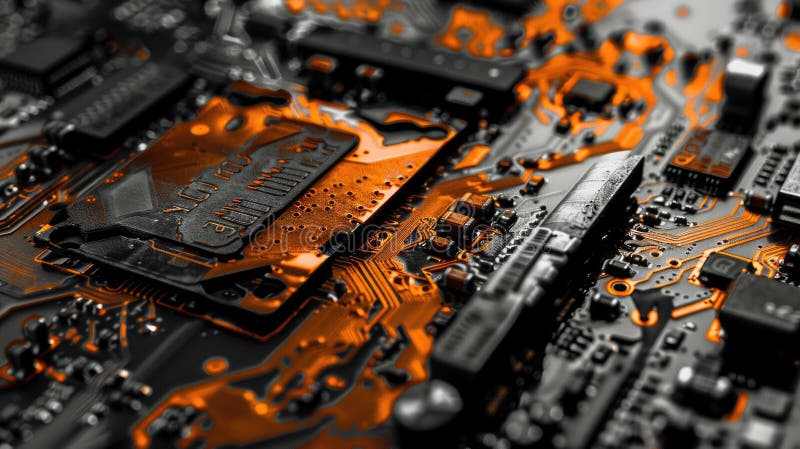 The Image Shows a Close-up of a Computer Motherboard. the Orange and ...