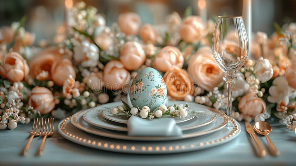 A Light Blue Easter Egg with Floral Design Sits on a White Plate ...