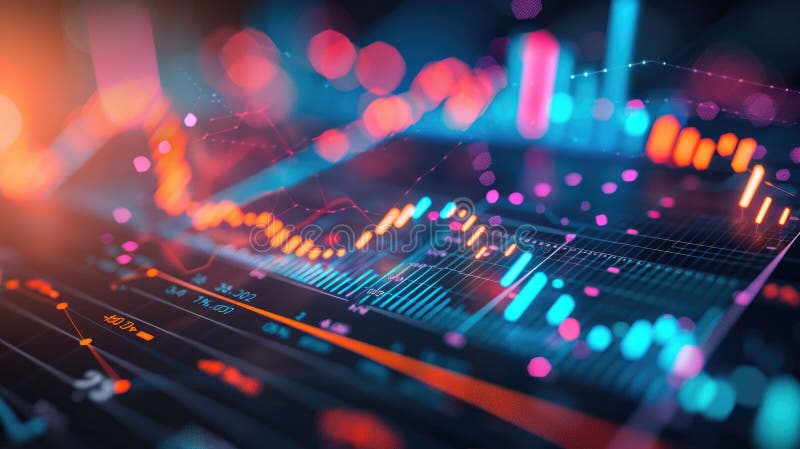 Close-up of a Financial Chart on a Digital Display with Glowing Lines ...