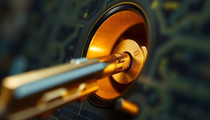 Golden Key Entering Futuristic Lock Mechanism Stock Illustration ...