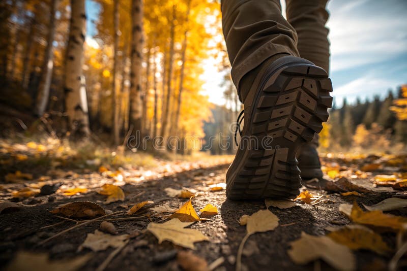 Autumn Hiking Adventure: Close-Up of Hiking Boot on Forest Trail Stock ...