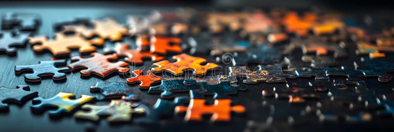 Jigsaw Puzzle in Progress with Scattered Pieces Stock Illustration ...